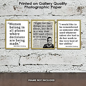 Inspirational Ruth Bader Ginsburg Wall Art - Set of 3, White, 8x10 RBG Poster, RBG Wall Art & Motivational Wall Art, Positive Affirmations Wall Decor for Bedroom & Office Decor for Men & Women