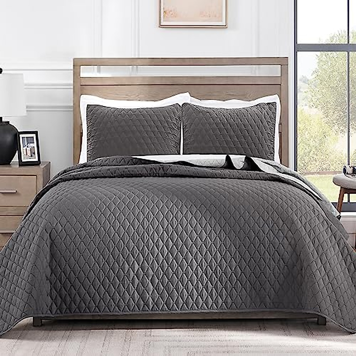 Exclusivo Mezcla Ultrasonic Reversible 3 Piece Full Queen Size Quilt Set with Pillow Shams, Lightweight Bed Cover Soft Bedspreads Coverlet Set - (Grey, 90"x96")
