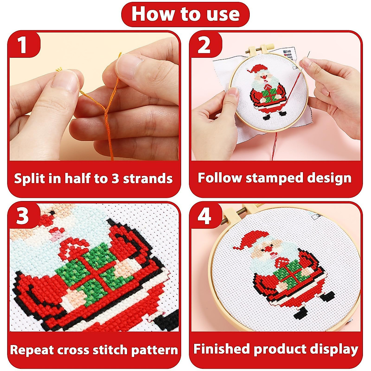 ZOIIWA 6PCS Christmas Cross Stitch Kits for Beginners DIY Embroidery Kit for Kids Adults Needlepoint Starter Kits Craft with Santa Snowman Gingerbread Man Socks Christmas Tree Truck Craft Supplies