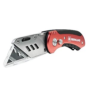Berkling Utility Knife Folding Box Cutter Retractable Heavy Duty Pocket Size w/Belt Clip, Compact Light Weight Body, Quick Change Blade, Safety Lock, 10 Laser Sharpened Ultra Sharp SK2H Black Blades