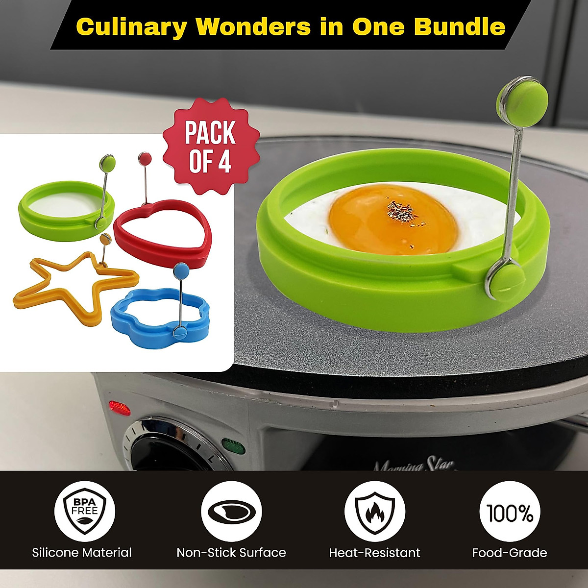 Silicone Egg Rings Set - Nonstick Ring Pops and Pancake Moulds for Perfect Egg Frying, Pancakes, Omelettes, Sandwiches, and More - Round, Heart, Flower, and Star Shapes for Creative Breakfasts