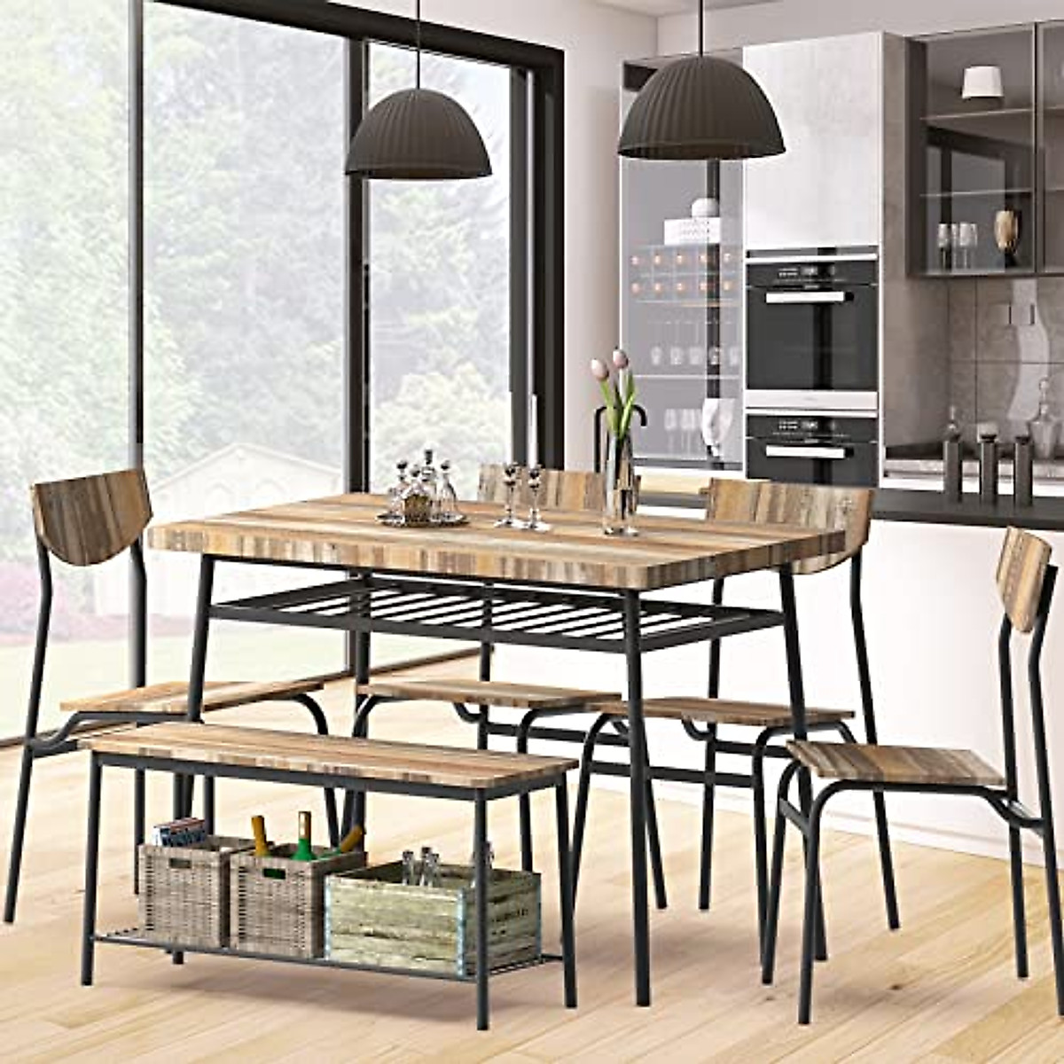 STHOUYN 6 Piece Dinning Table Set for 6, Rectangular Kitchen Table and Chairs Set, Bench, Industrial Metal Frame & Storage Rack, Dining Room, Dinette, Breakfast Nook Small Space (Brown (6 Piece))
