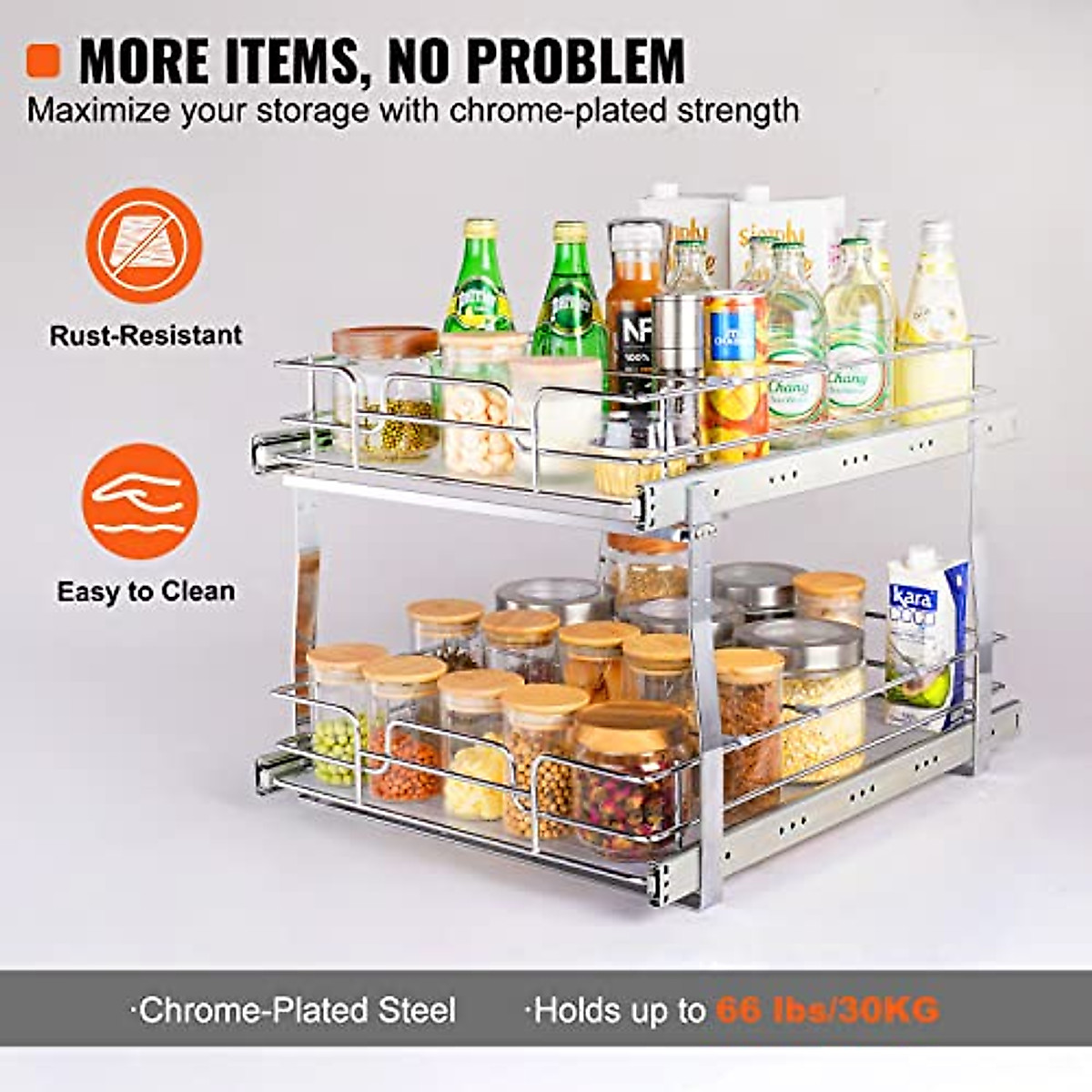 VEVOR 2 Tier 16"W x 21"D Pull Out Cabinet Organizer, Heavy Duty Slide Out Pantry Shelves, Chrome-Plated Steel Roll Out Drawers, Sliding Drawer Storage for Inside Kitchen Cabinet, Bathroom, Under Sink