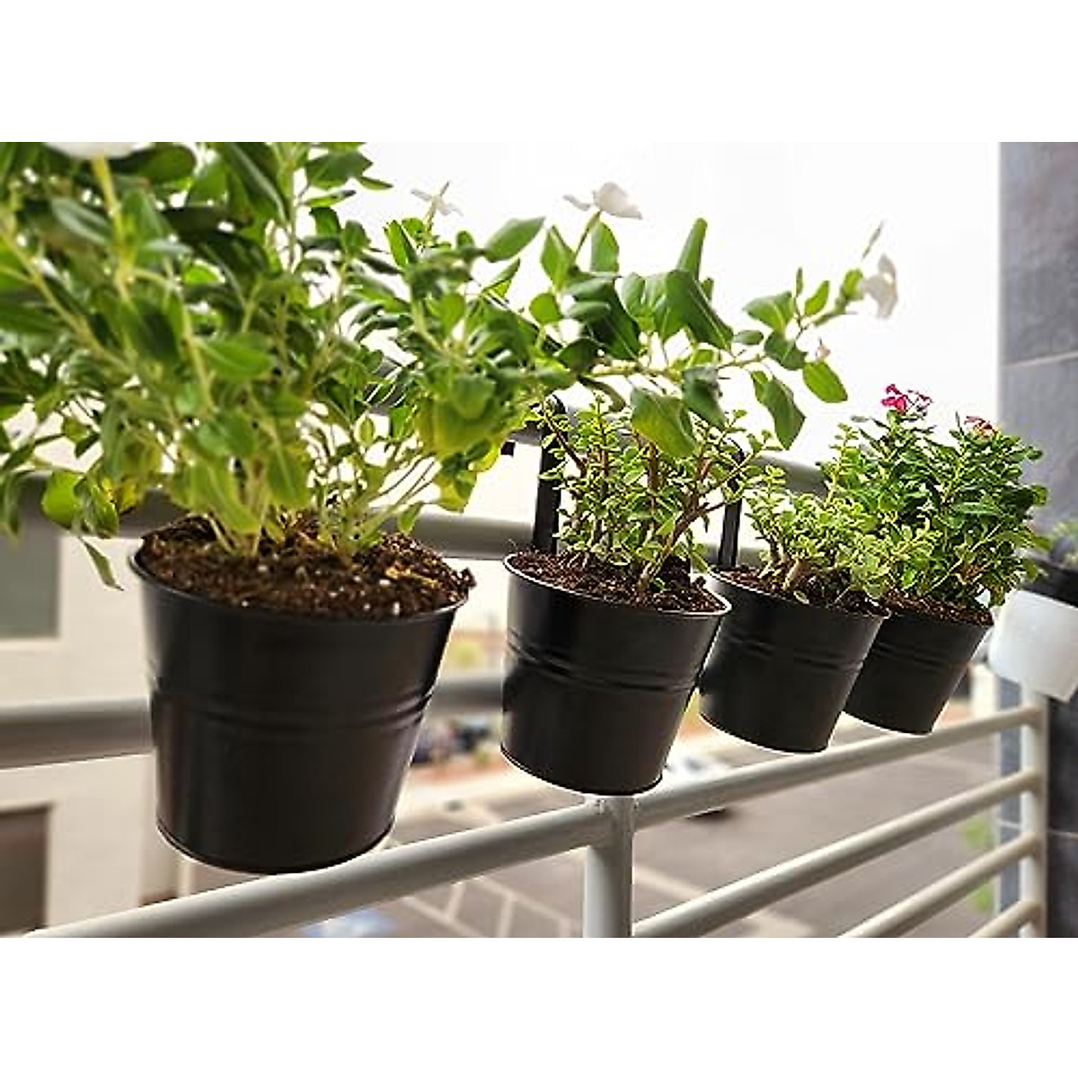 GARDEN4LIFE 6.25 Inch Large Iron Hanging Plant Pot Set - Planters for Indoor Plants & Outdoor Flora w/Drainage Hole, Detachable Hook - Ideal Balcony Planters Fence Railing Hanging Pots - 4Pcs Black