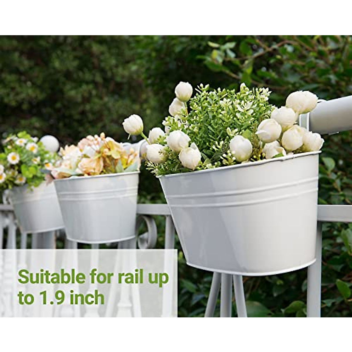 Dahey Metal Iron Hanging Flower Pots for Railing Fence Hanging Bucket Pots Countryside Style Window Flower Plant Holder with Detachable Hooks Home Decor,White,3 Pcs