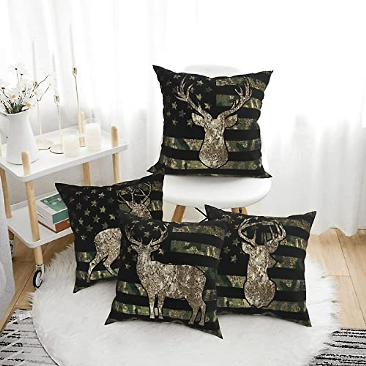 Gianlaima Camo Camouflage Hunting Deer American Flag Painting Set of 4 Decorative Throw Pillow Cases Sofa Cushion Covers for Couch Bedroom Living Room Car Home Decor
