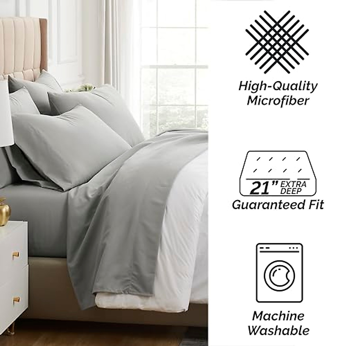 Southshore Fine Living, Inc. Extra Deep Pocket King Sheet Set, 6-Piece Ultra-Soft Microfiber Bed Sheets with 21" Deep King Fitted Sheet, Oversize Flat Sheet, 4 King Pillowcases, Steel Grey