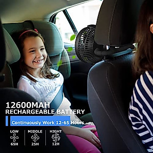Stroller Fan - 65Hrs 12600mAh Rechargeable Fan, Timing Car Seat Fan, Portable Clip On Fan, Car Fan for Baby, Battery Operated Fan for Baby Stroller, Peloton, treadmill, Golf Cart, Beach, Bed, Dog
