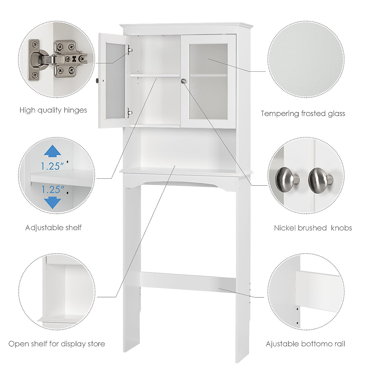 Spirich Over The Toilet Storage Cabinet, Above Toilet Storage Shelf with Glass Doors, Behind Toilet Bathroom Organizer, White
