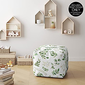 Sweet Jojo Designs Green Boho Floral Leaf Boy Girl Ottoman Pouf Cover Unstuffed Poof Floor Footstool Square Cube Pouffe Storage Baby Nursery Kids Room Sage White Bohemian Gender Neutral Watercolor