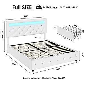 Keyluv Full Size Upholstered LED Bed Frame with 4 Storage Drawers and Adjustable Crystal Button Tufted Headboard, Platform Bed with Solid Wooden Slats Support, No Box Spring Needed, White