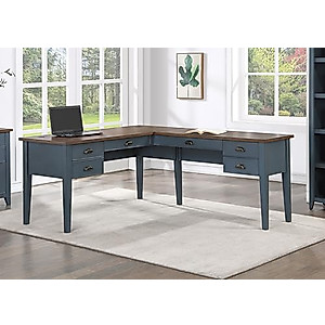Farmhouse Wood Half-Pedestal Writing Desk and Return, Open L-Shaped Table and Return, Office Desk and Return, Blue
