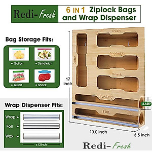 Wall Mount Ziplock Bag + Foil & Plastic Wrap Organizer - Premium Bamboo Organizer for Ziplock Bags, Foil & Plastic Wrap Dispenser | Kitchen Organization & Storage | 12" X 2.125" Standard Rolls only