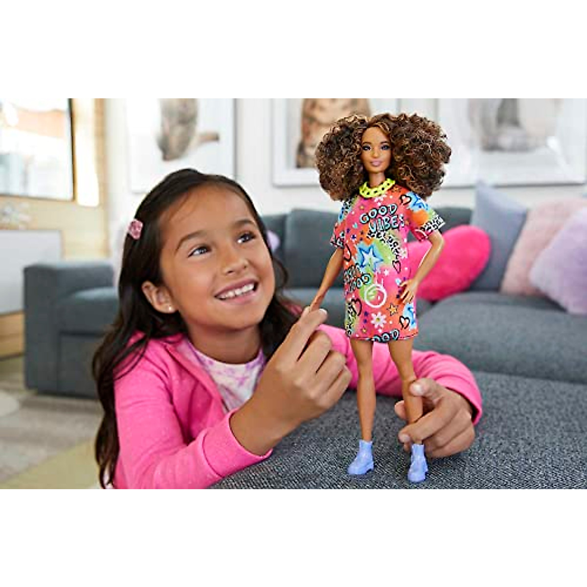 Barbie Fashionistas Doll #201 with Athletic Body, Curly Brunette Hair, Graffiti-Print Dress & Accessories