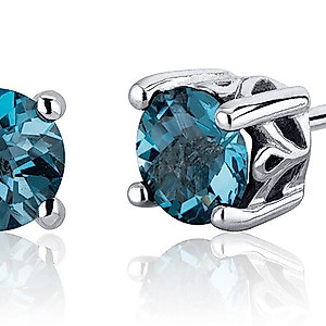 Peora London Blue Topaz Stud Earrings 925 Sterling Silver, Solitaire Scroll Gallery, Natural Gemstone Birthstone, 2 Carats Total, Round Shape 6mm, Friction Backs