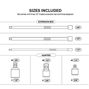 NEIKO 00258A 15” Long Impact Extension Set and Impact Socket Adapter Set, 1/4", 3/8”, 1/2” Drive Extensions and Socket Adapters, 6 Pieces Total (3 Piece Each), Chrome Vanadium Cr-V Steel