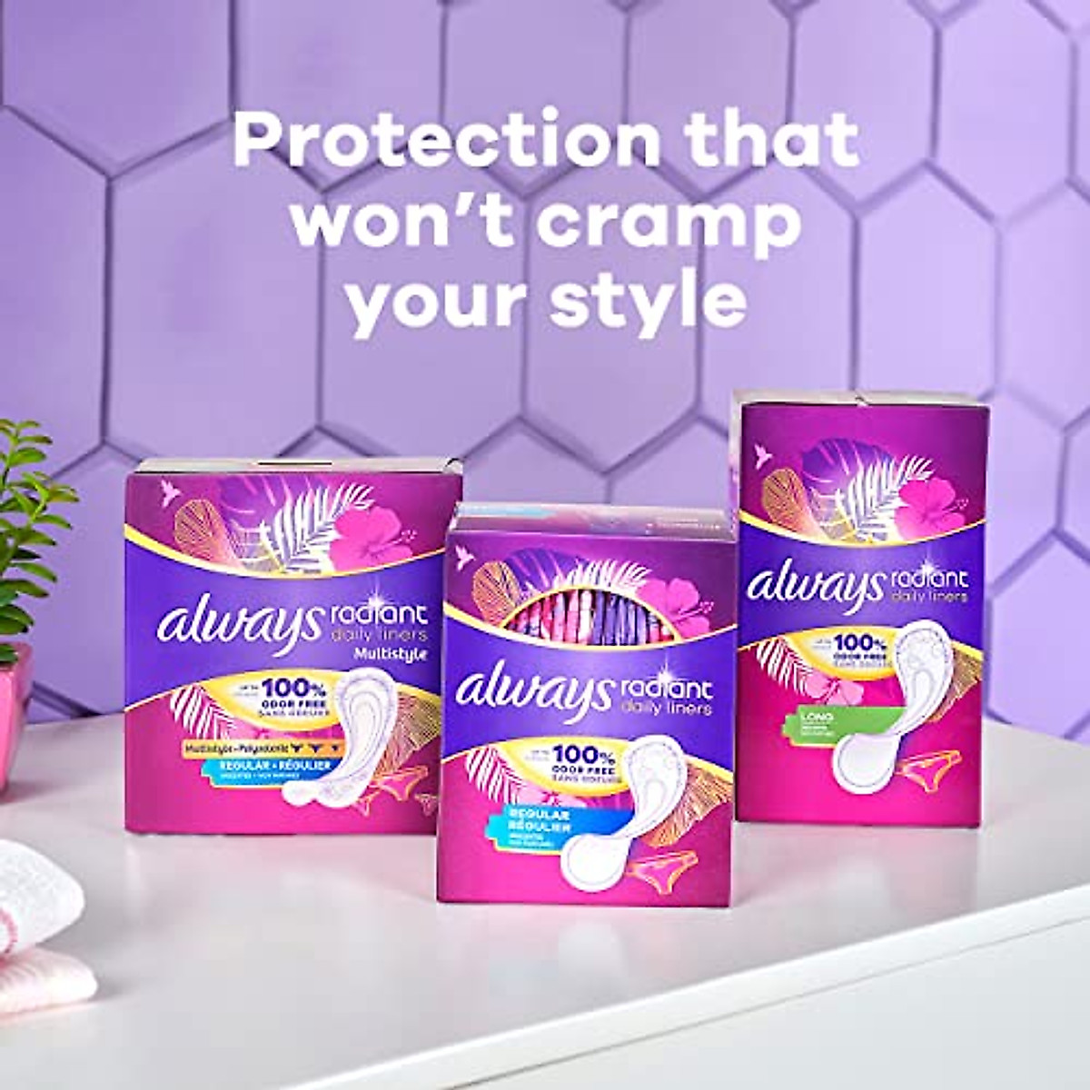 Always Radiant Daily Liners Regular Absorbency Unscented, Up to 100% Odor-free, 96 Count