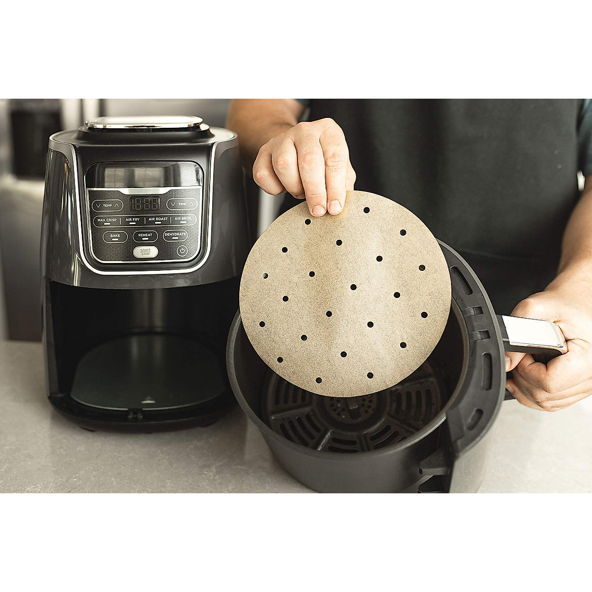 KITCHENATICS Round Unbleached Air Fryer Liners Disposable, Parchment Paper Air Fryer Liner, Oil-Proof, Water-Proof, Paper Liners for Air fryer Basket, Baking, Oven, Microwave, Steamer 8 Inch 150 Pcs