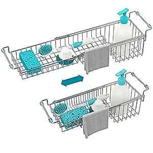 FavoThings Over The Kitchen Sink Caddy Sponge Holder Organizer Drying Rack Expandable for Sponge Brush Soap Dish Cloth Rag 14.5" to 22", Stainless Steel