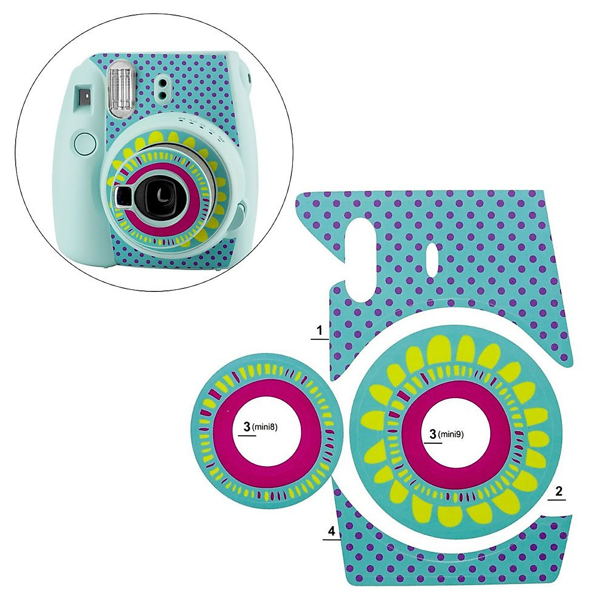 6 Decorative Camera Stickers Compatible with Your Fujifilm Mini Cameras – Color Variety: Light Blue, Pink, Purple, Turquoise, White, Yellow – Deluxe Bundle