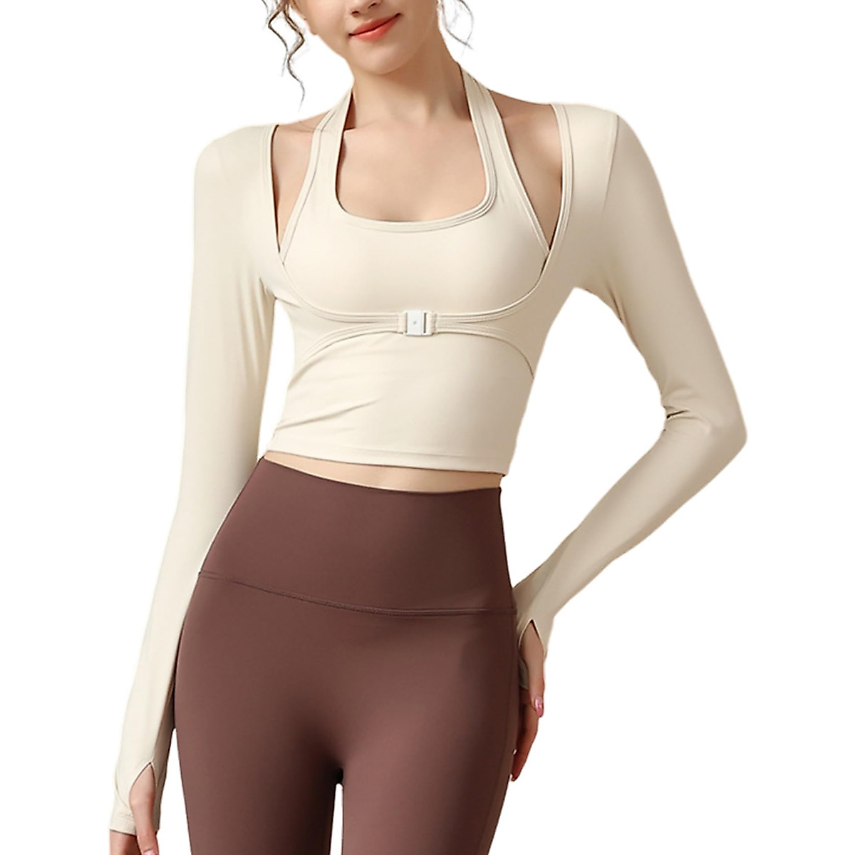 Gihuo Long Sleeve Crop Top Workout Women Athletic Yoga Running Cropped Tops Slim Fit Sport Gym Shirts(Apricot, S)