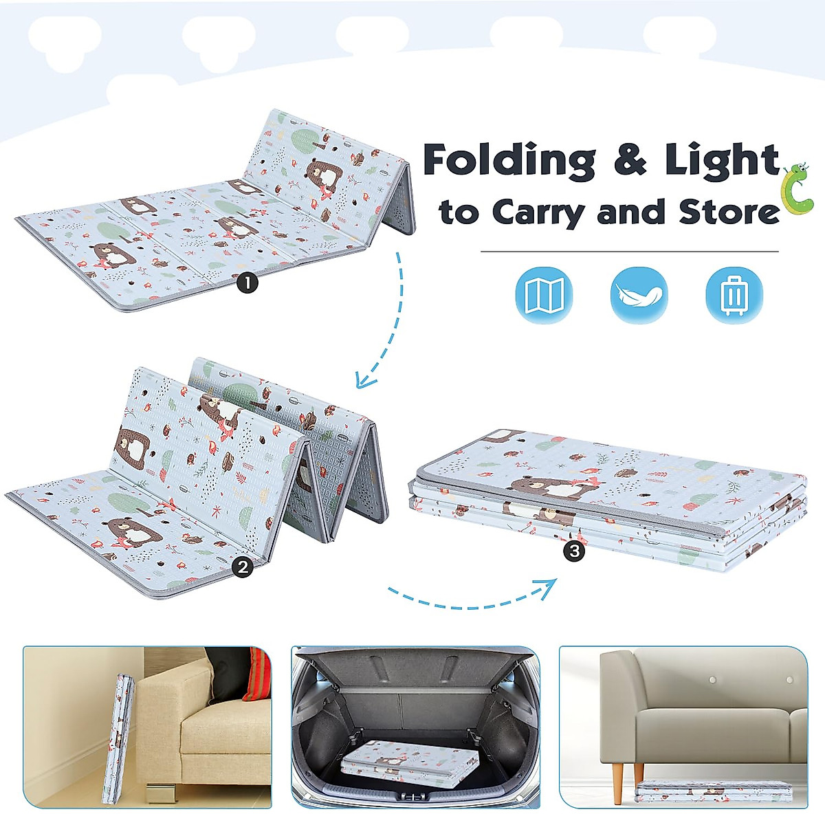 MEM Baby Play Mat 79" x 71", Foldable Baby Play Mats for Floor, Reversible Waterproof Foam Playmat for Babies and Toddlers, Extra Large Non-Slip Baby Crawling Mat with Travel Bag