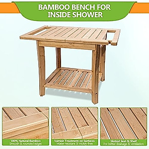 Purbambo Bamboo Shower Bench for Inside Shower Shaving Legs, Waterproof Bathroom Shower Stool with Storage Shelf, Shower Head Holder, Bath Towel Holder, Safe & Stable for The Elder, The Disabled