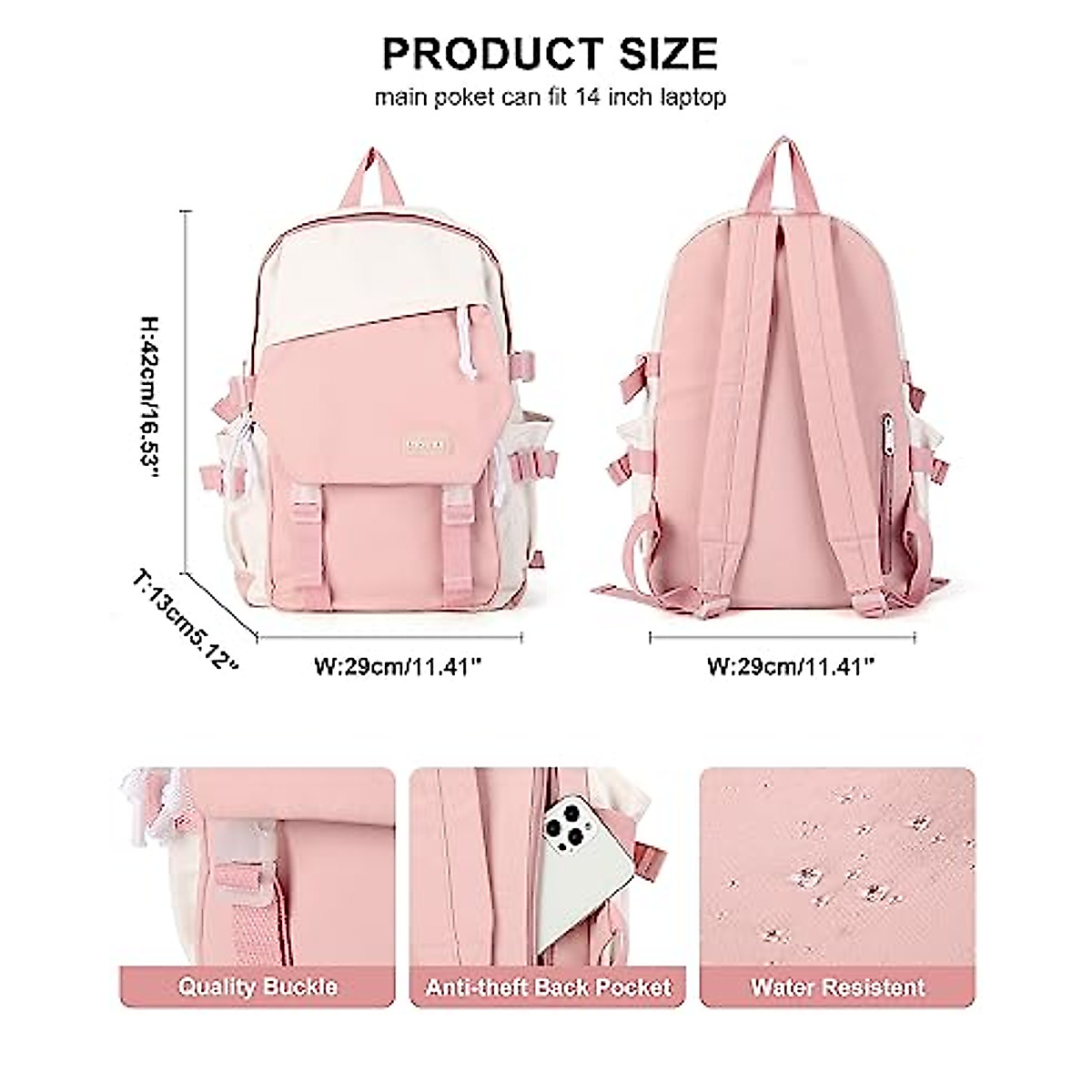 coowoz School Bag Lightweight Casual Daypack College Laptop Backpack for Men Women Water Resistant Travel Rucksack for Sports High School Middle Bookbag for girls(Pink white)