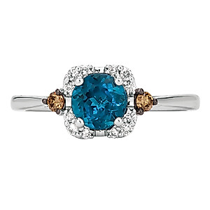 LE VIAN 14K White Gold 3/4 Ct Blue Topaz Ring 1/10 Cttw White/Chocolate Diamond Ring (G-H & Fancy Brown Color, VS2-SI1 & SI1-SI2 Clarity) Size 5-1/2