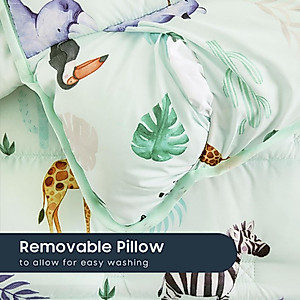 Wake In Cloud - Nap Mat with Removable Pillow for Kids Toddler Boys Girls Daycare Preschool Kindergarten Sleeping Bag, Elephant Lion Zebra Animals Printed on Green,100% Soft Microfiber