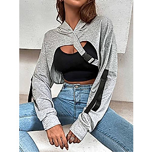 Women Long Sleeve Cropped Super Crop Top Hoodies Sweatshirt Aesthetic Punk Hip Hop Dance Sexy Rave Festival Clothes Going Out Tops Light Grey M