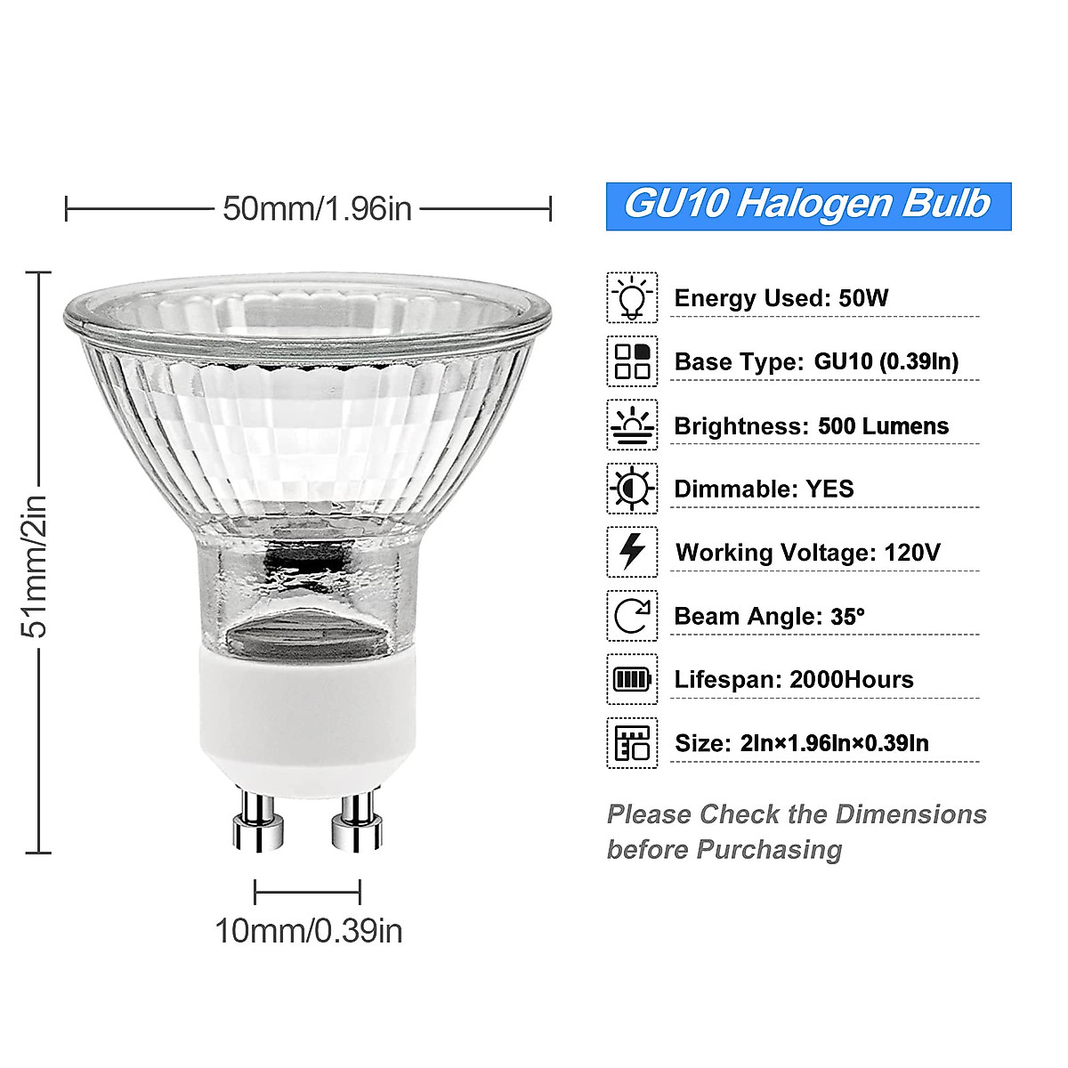 ETUOLMP GU10 Halogen Light Bulbs 2 Pin, 6 Pack GU10 Bulb Warm White, Dimmable GU10+C 120V 50W Bulb for Wax Warmer Bulbs, Track Light Bulbs, Range Hood Light Bulbs, Candle Warmer Light Bulbs