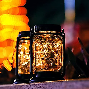 Hanging Solar Lights Outdoor - 2 Pack Solar Powered Waterproof Landscape Christmas Lanterns with Retro Design for Patio, Yard, Garden and Pathway Decoration (Warm Light)