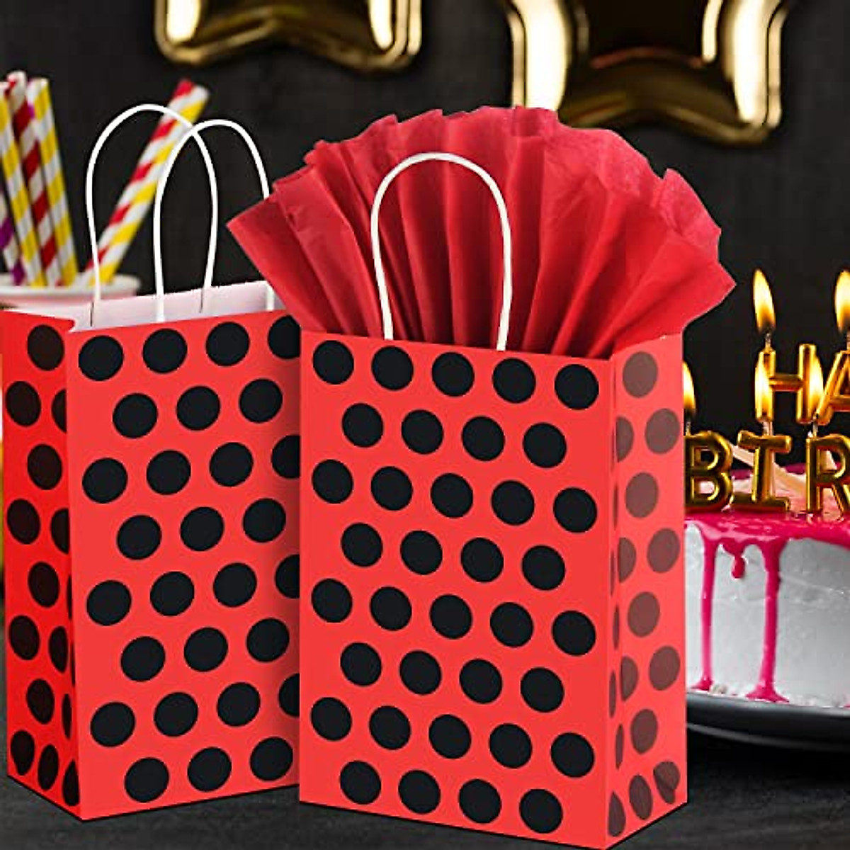 BLEWINDZ 32 Pieces Small Gift Bags with Red Tissues, Party Favor Bags Polka Dots for Ladybug Theme Birthday, Wedding, Christmas, Party Supplies (Red Black)