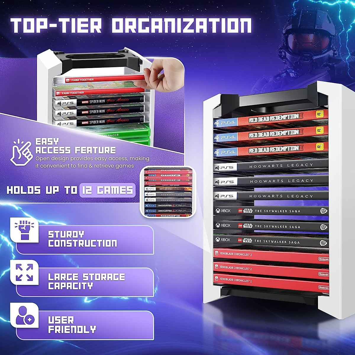 TNP Universal Video Game Storage Tower for PS5, PS4, PS3, Nintendo Switch, Xbox One, Xbox Series S/X - White Video Game Holder Organizer Stand with 12 CD Case Storage for Organizing & Displaying