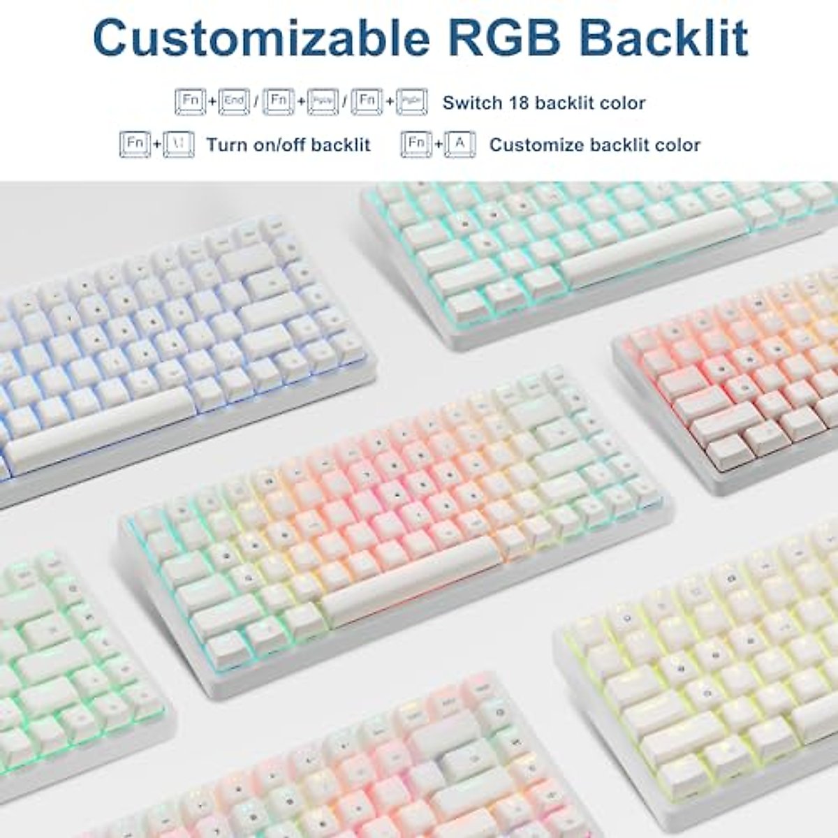 HUO JI Wireless Mechanical Gaming Keyboard, Programmable RGB Backlit, Bluetooth 5.0, Red Switches, 84 Keys, Wired 60% Keyboard for iPad, iMac Android/Windows Tablet Laptop Desktop, White