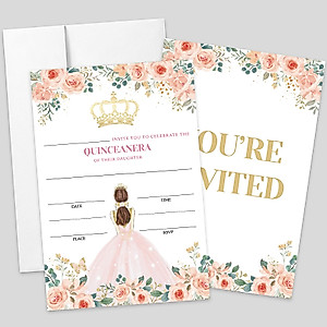 AEHIE 20 Sets 15th Quinceanera Party Shaped Fill-In Invitations With Envelopes, Pink Floral Crown Princess Rose Invitations Invite RSVP Cards for 15 Year Old Girls, Bridal Shower Party Invites