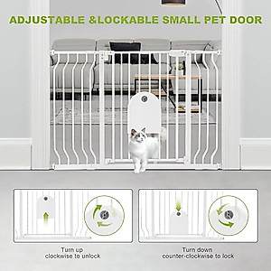 Baby Gates with Cat Door - Auto Close 29.5"-48.4" Safety Metal Dog Pet Gate for Doorway, Stairs, House, Walk Through Child Gate with Pet Door, Includes 4 Wall Cups and 2 Extension Pieces