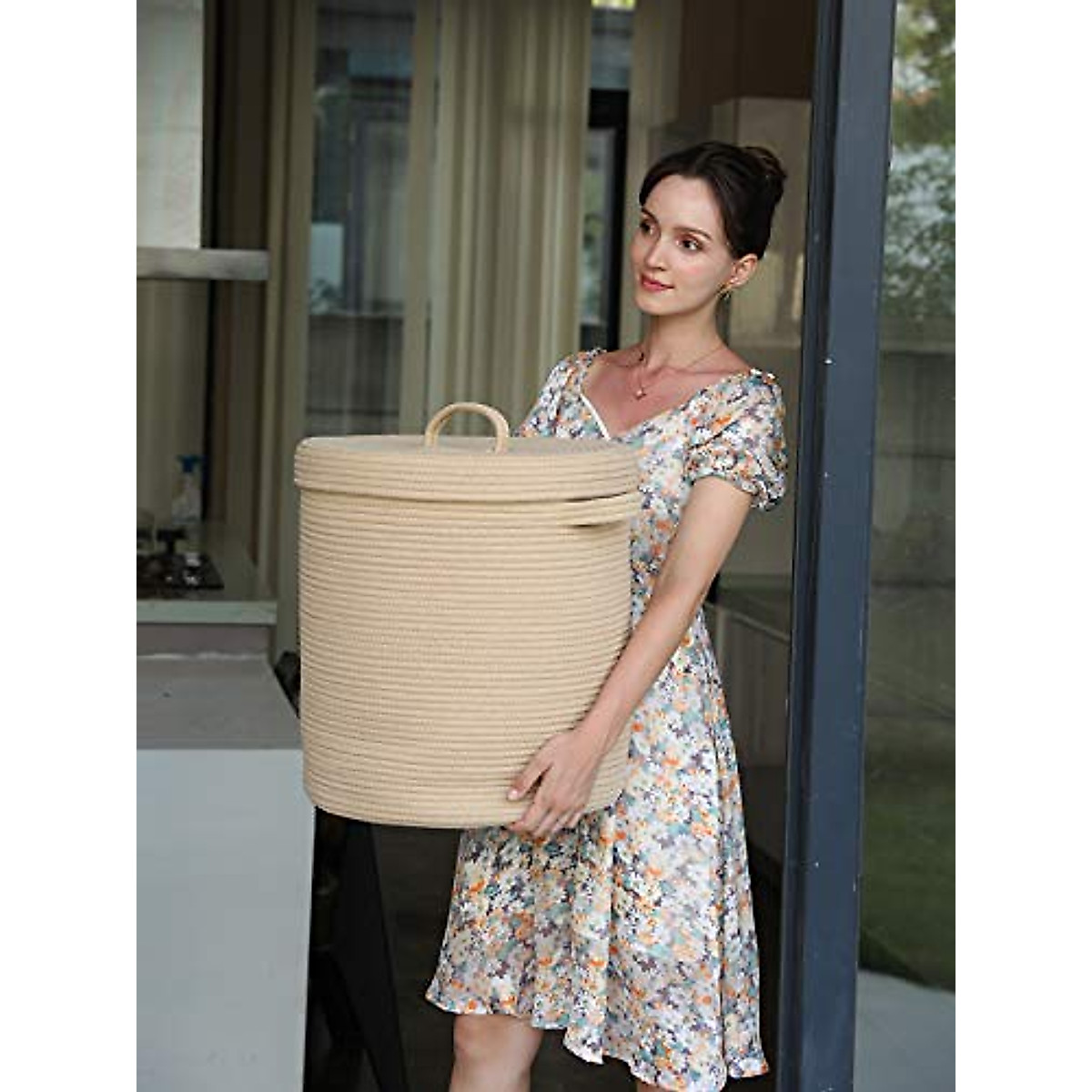 16" x 16" x 18" Large Cotton Rope Storage Basket with Lid, Full Beige with Cover