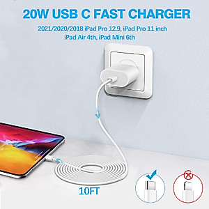 iPad Pro Charger, 20W USB C Charger with 10ft USB C to C Charging Cable for iPad Pro 13/12.9/11 inch, iPad Air 13/11 inch 5/4th Generation, iPad 10, iPad Mini 6