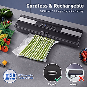 iLAFFUS Cordless Vacuum Sealer Rechargeble Dry & Moist Modes Compact Design Powerful Multi-Functional Food Vacuum Sealer Machine with Cutter for Fruits Vegetables Meat Nuts