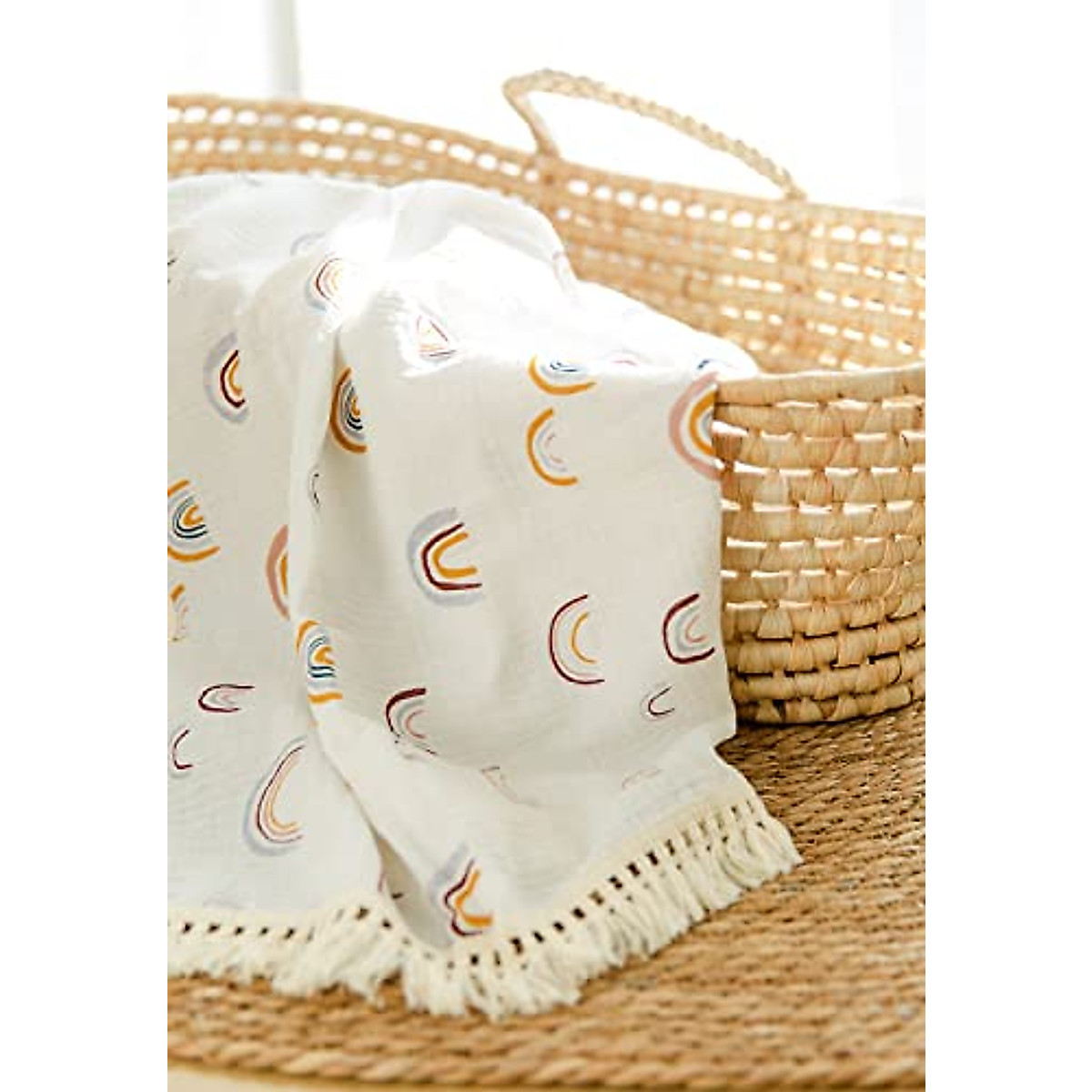 CHUNGEL Cotton Baby Muslin Tassles 40"x 47", Baby Receiving Blanket with Fringe, Boho Muslin Swaddle Blanket with Fringe - Rainbow