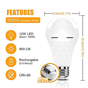 A19 Rechargeable Light Bulbs, Emergency Light Bulbs for Power Failure, LED Bulb 80 Watt Equivalent,12W 5000K Daylight 1200mAh Battery Backup Light Bulb E26/E27 with Hook for Daily and Emergency Use.