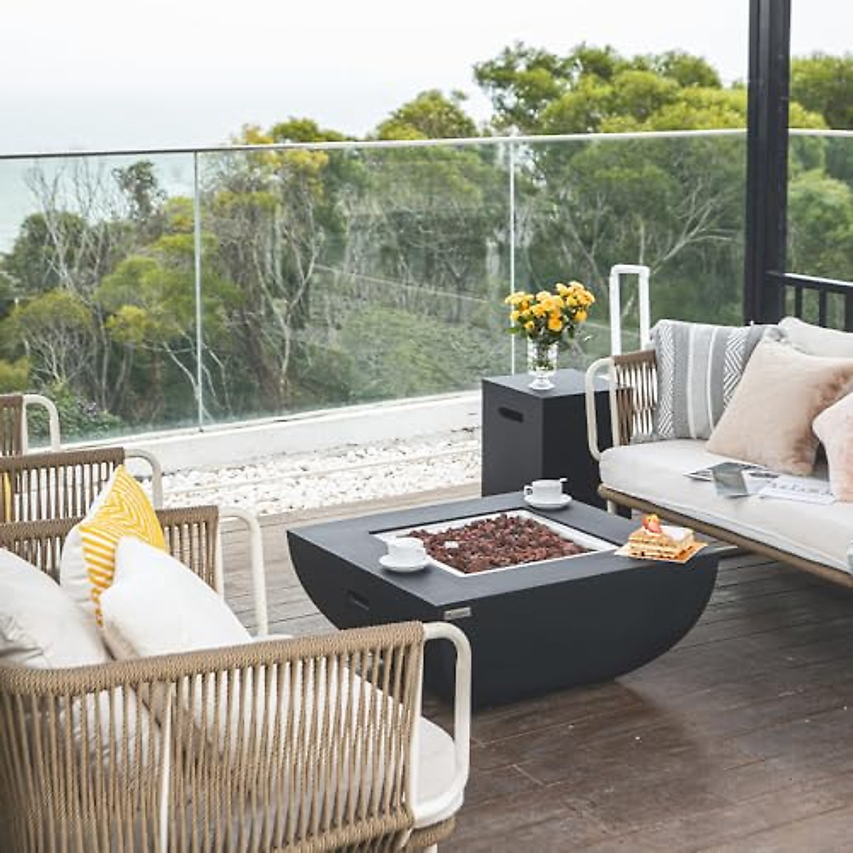 Aurora Concrete Fire Pit 34" x 34" Outdoor Patio Firepit Includes Lava Rocks Modern Fire Pits & Outdoor Fireplaces for Garden, Deck, Indoor & Outdoor Heating