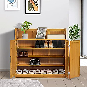 MoNiBloom 4 Tier Shoe Cabinet, Bamboo Free Standing Shoe Shelf Oragnizer Storage with Doors & High Baffle for 16-20 Pairs Home Entryway Hallway Office Bedroom, Brown