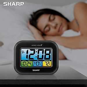 Sharp Atomic Digital Alarm Clock, Battery Operated Self-Setting Digital Wall or Desk Clock, Easy to Read Color Display Nightlight with Indoor Temperature and Calendar