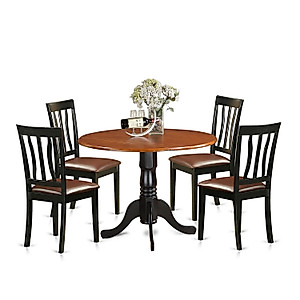 East West Furniture DLAN5-BCH-LC 5 Piece Dining Room Furniture Set Includes a Round Kitchen Table with Dropleaf and 4 Faux Leather Upholstered Dining Chairs, 42x42 Inch, Black & Cherry