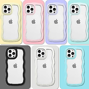 Anuck for iPhone 14 Pro Case Wavy Edge Clear Back Design, Anti-Slip Grip Cute Wave Curly Frame Shape Shockproof Soft TPU & Hard Bumper Protective Phone Case Cover for Women Girls, White