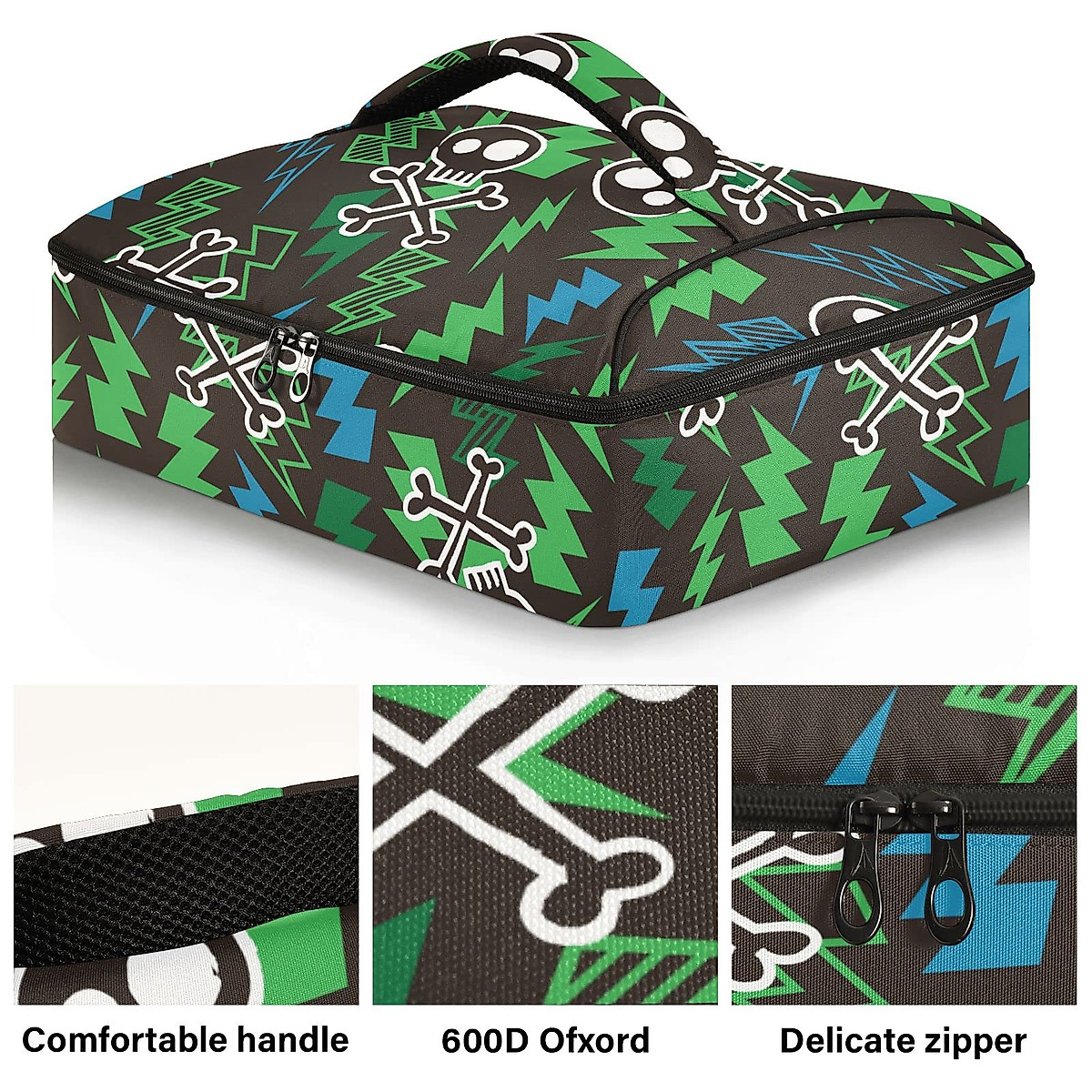 NFMILI Casserole Carrier for Hot Cold Cute Skull Lightening Print, Insulated Food Delivery Bag Reusable Warmer Carrier Bag with Inner Pocket Aesthetic Print 15.75×11.81×3.94 inch