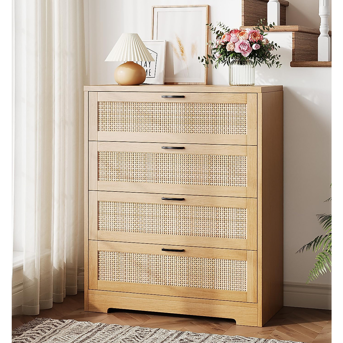GarveeHome 4 Drawer Dresser Rattan Dresser, Tall Chest of Drawers, Wood Dresser for Bedroom, Closet, Living Room, Hallway